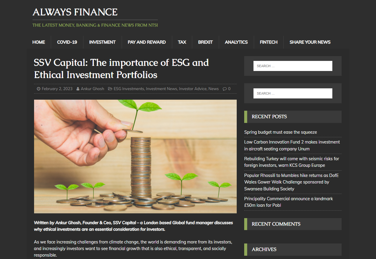 The importance of ESG and Ethical Investment Portfolios - SSV Capital
